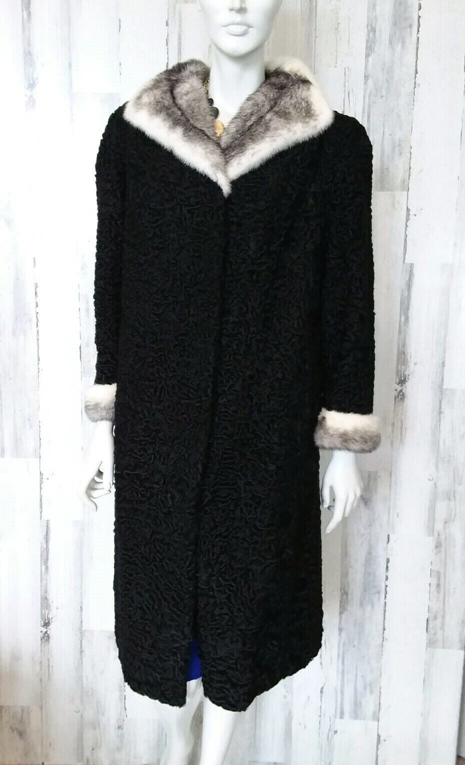 Pelz-Etage Lucker Black Lamb Karakul Long Coat Mink Collar Sleeve Trim ...