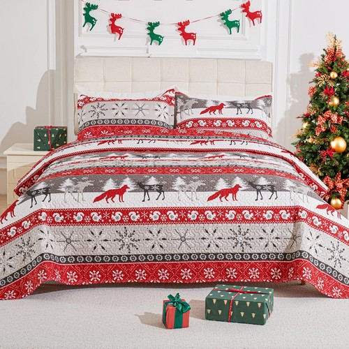 3-Piece Christmas Quilt Set Queen/Full Size Cozy Xmas Snowflake elk ...