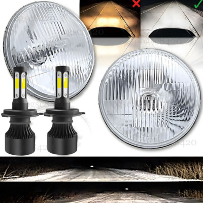 7" Stock Style H4 Glass Headlight LED 4000Lm 20/40w Light Bulb Headlamp ...