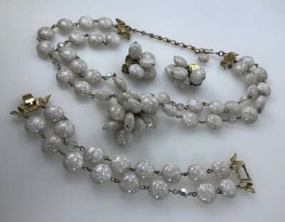 Vintage Kramer Art Glass White Sparkle Bead Necklace Bracelet Clip ...
