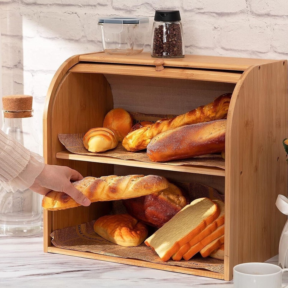 Bread Bin 2 Tiers Double Layer Box Slide Roll Top Food Storage Rack ...