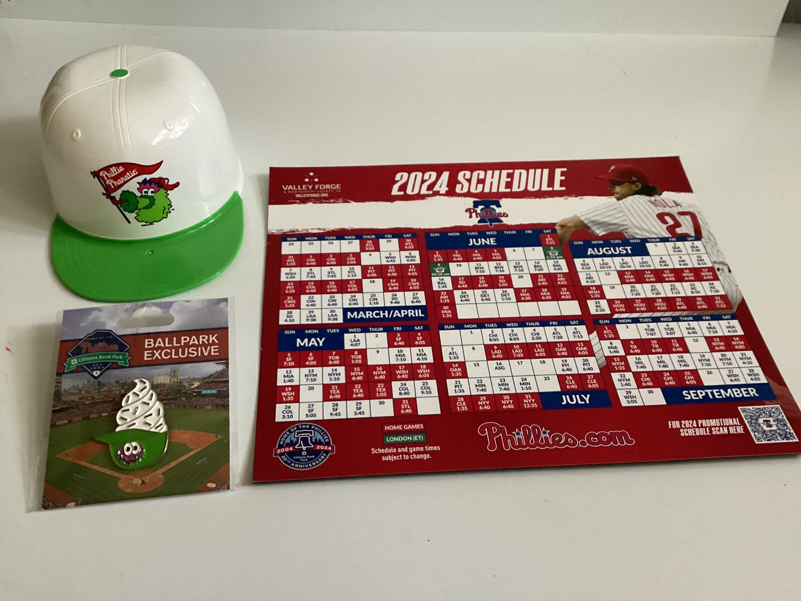 PHILLIES 2024 MAGNET & PHILLIE PHANATIC ICE CREAM HAT HELMET & PIN SGA ...