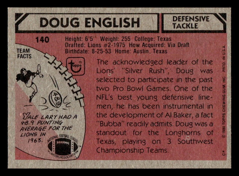 Doug English Detroit Lions 1980 Topps #140 | eBay