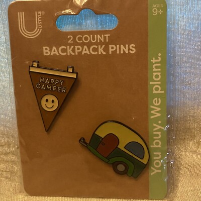 2 backpack pins enamel NEW camping pins pennant Happy Camper RV smiley ...