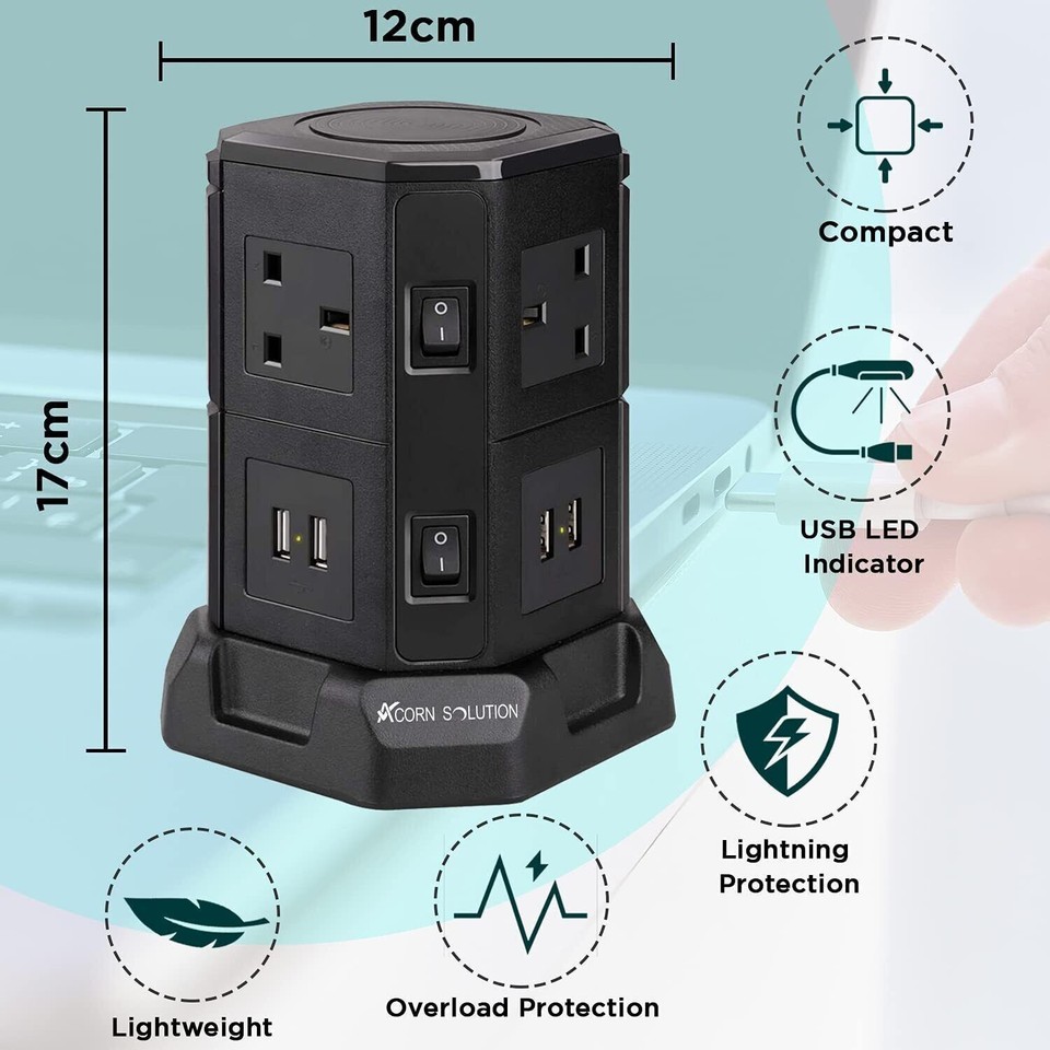 Tower Socket Extension Lead 1.8m8Way Cable Surge Protected with 4USB ...