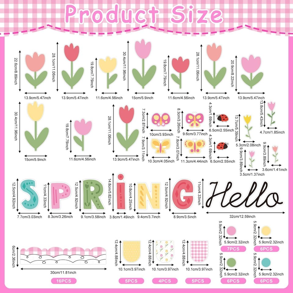 Hello Spring Bulletin Board Decorations Tulip Cutouts Pink Floral ...