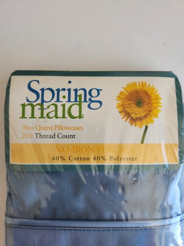 Vtg SpringMaid 2 Queen Pillowcases Blue USA NOS Cotton Poly 200 Thread ...