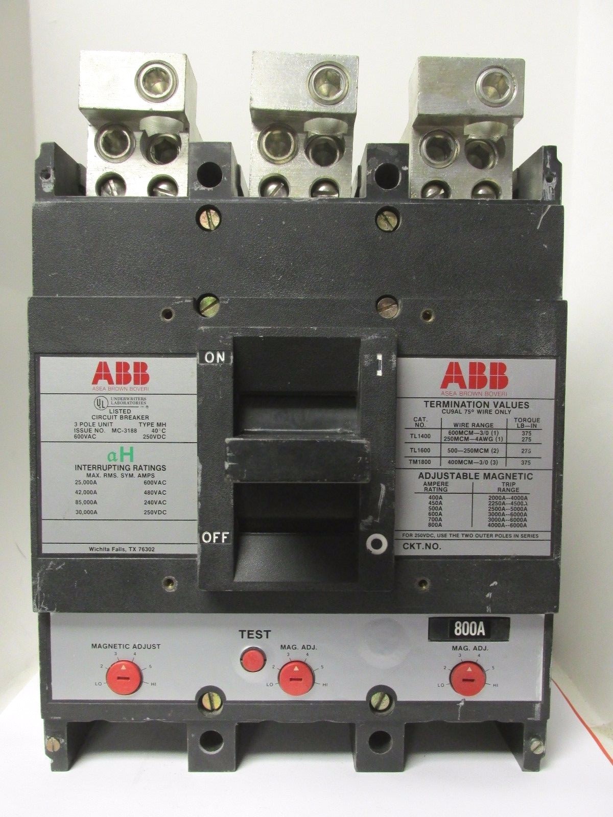* ABB 800 AMP 3 POLE TYPE MH ISSUE No. MC-3188 CIRCUIT BREAKER ... UF ...