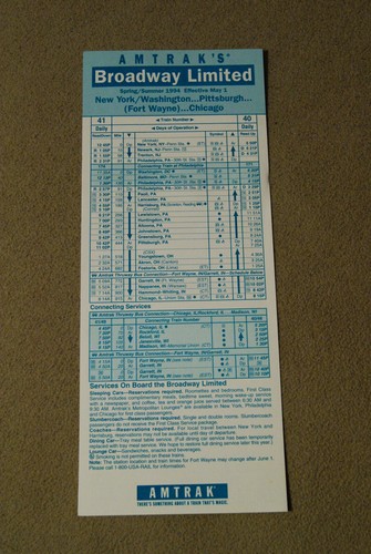 Amtrak - Broadway Timetable Card - Spring/Summer 1994 | eBay