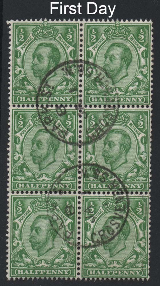 GB 1911 ½d yellow-green die 2 wmk crown vfu blk of 6, FIRST DAY ...