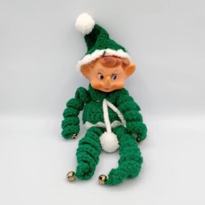 Vintage Handmade Crocheted Christmas Elf Pixie Rubber Face Jingle Bells ...