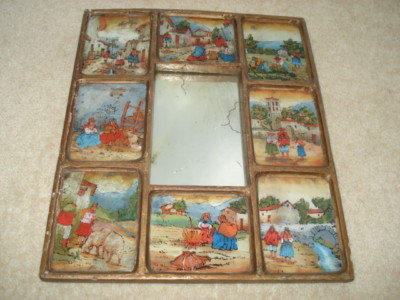 UNUSUAL C1880S SMALL MIRROR WITH EIGHT HAND PAINTED PERUVIAN TYPE ...