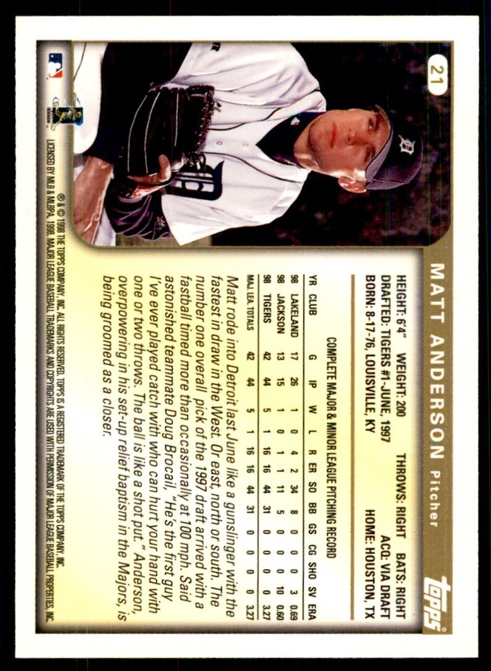 1999 Topps Baseball Card Matt Anderson Detroit Tigers #21 | eBay