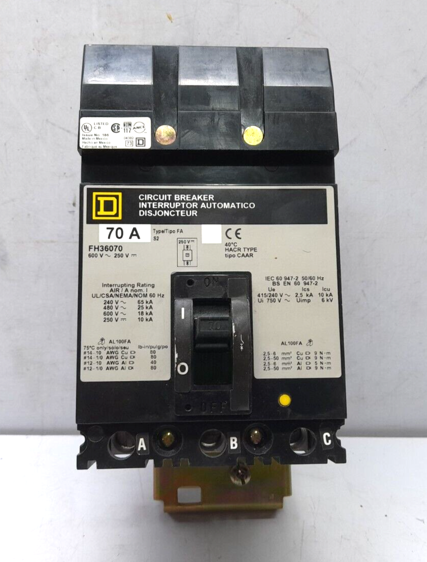 Square D FH36070 Circuit Breaker 600V~ 250VDC 50_60Hz 70A 3P | eBay