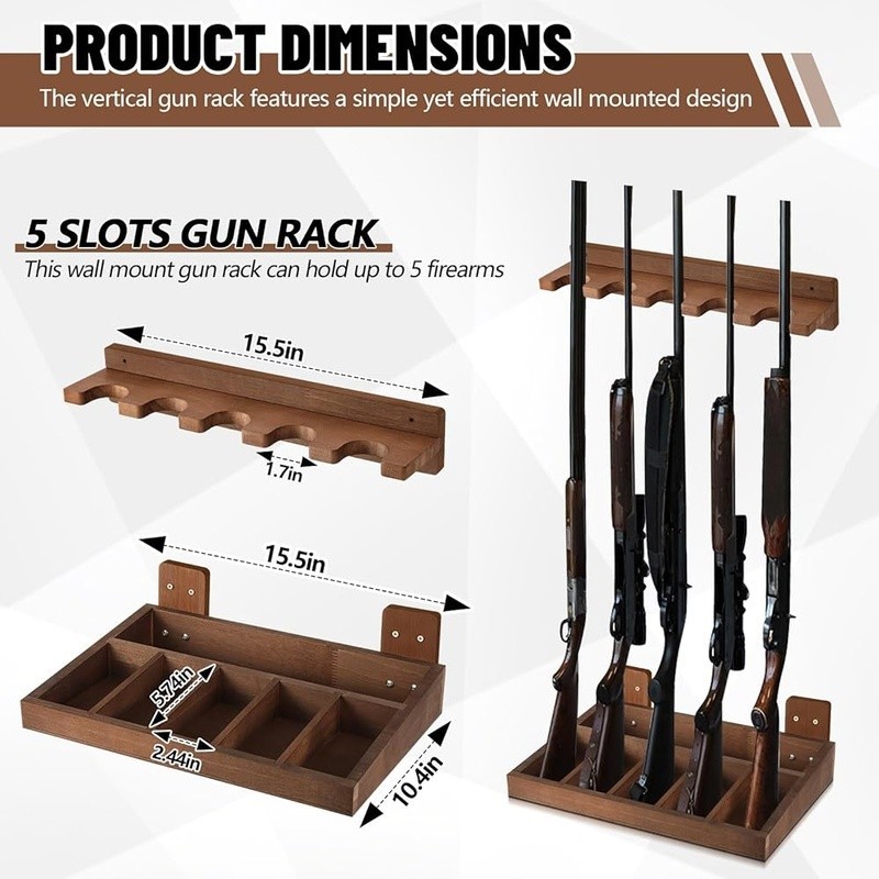 Wall Mounted Wood Gun Rack Vertical Organizer Holds 5 Firearms Storage ...