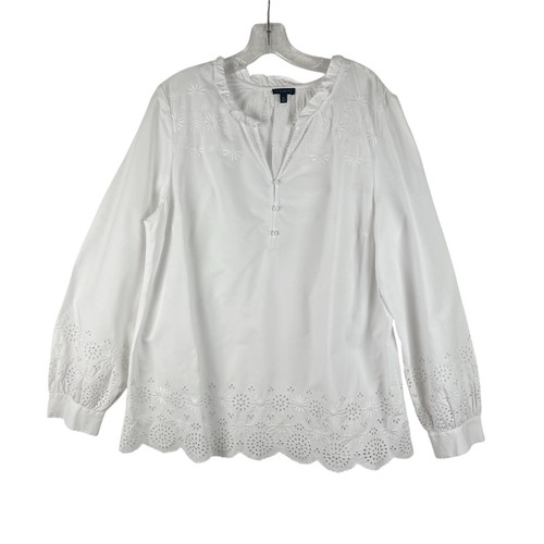 TALBOTS White Embroidered Eyelet Ruffle Button Front Long Sleeve Blouse Size XL | eBay
