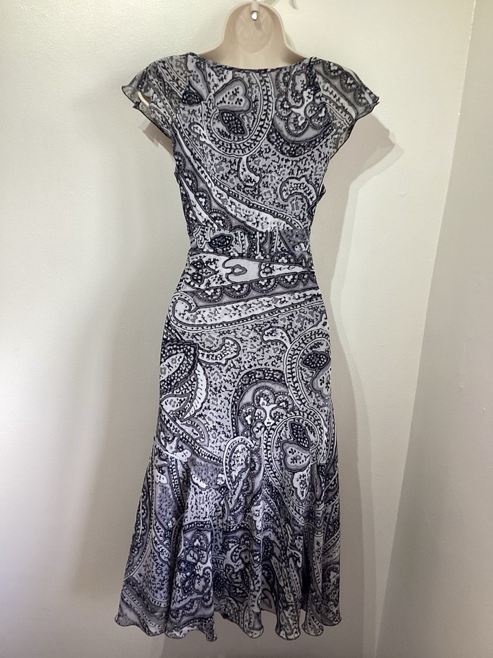 Per Una Grey Floral Paisley Frill Chiffon Midi Dress 12 Floaty Boho ...