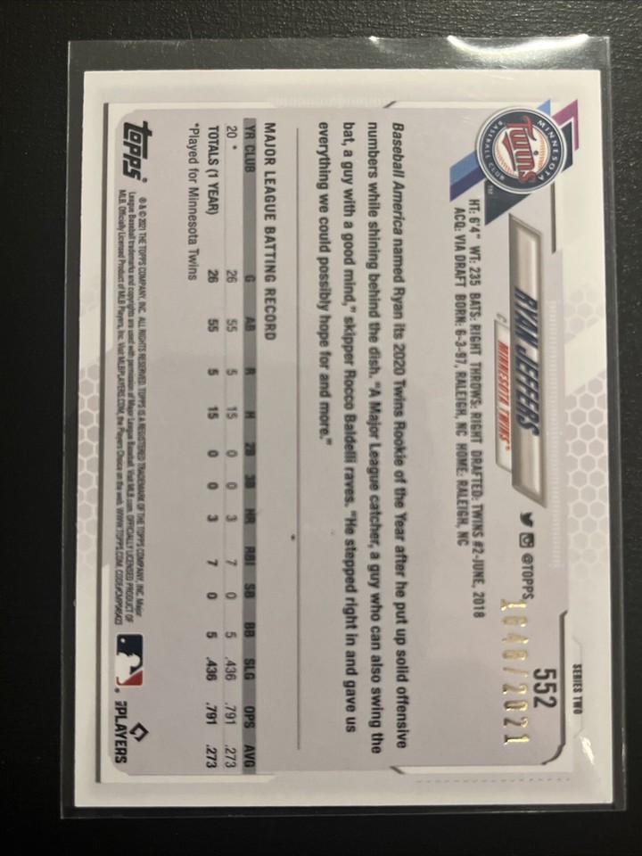 Ryan Jeffers 2021 Topps Series 2 GOLD /2021 SP Parallel Minnesota Twins ...