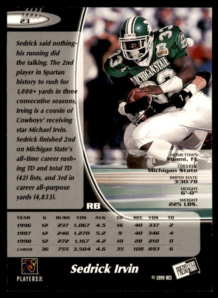 1999 Press Pass Sedrick Irvin Rookie Michigan State Spartans #23 | eBay