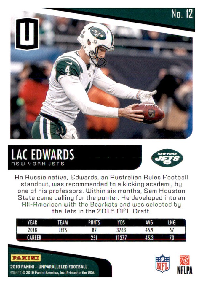 2019 Unparalleled Lac Edwards NFL Insert Rookie RC PWE Foil Jets #12 | eBay