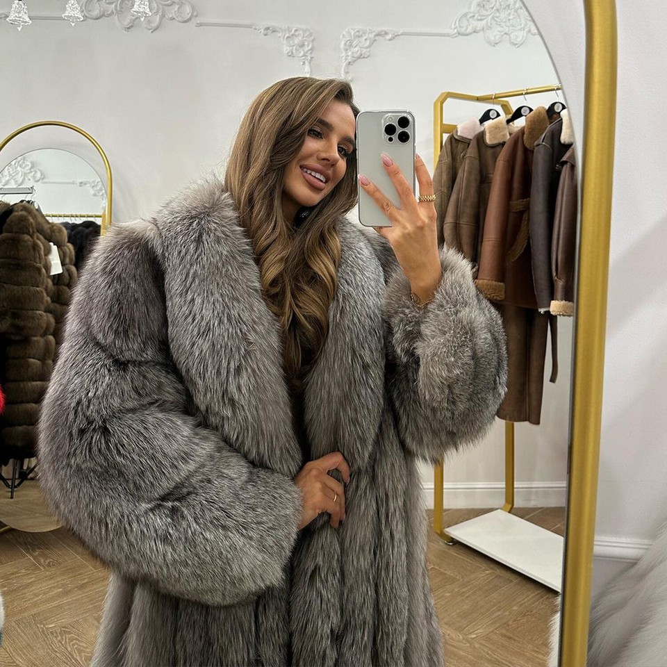 Women Real Silver Fox Fur Coat Lapel Fluffy Fur Jacket Long Winter Warm ...