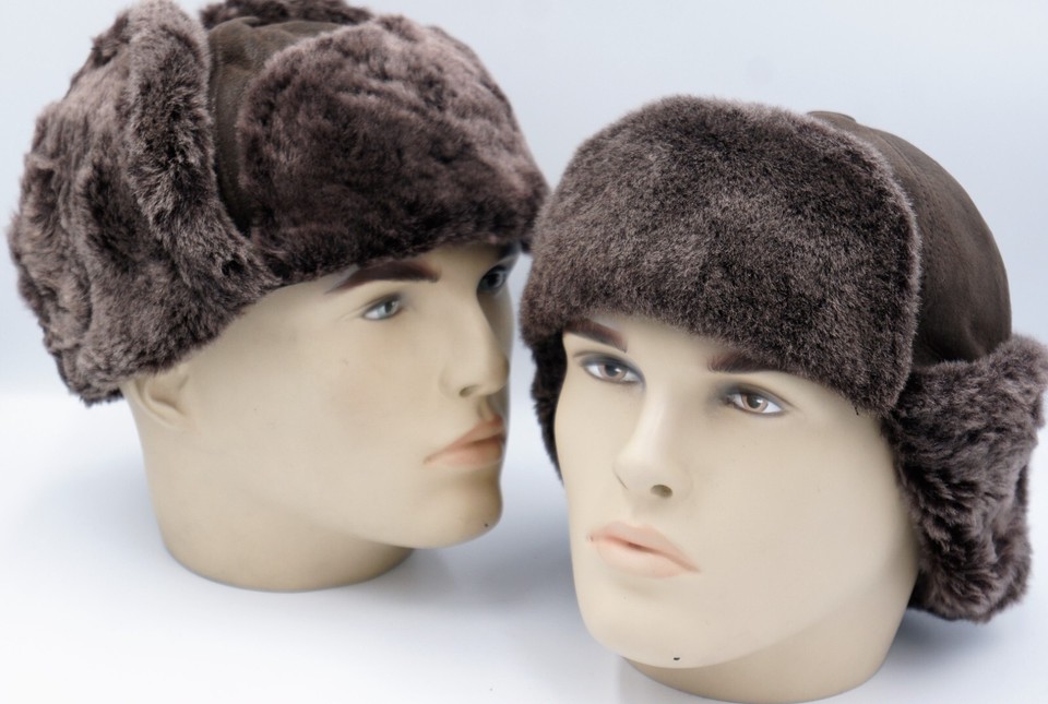 100% Sheepskin Shearling Leather Hat Trapper Ushanka Hunting M-3XL ...