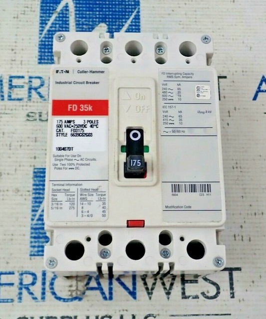 Eaton FD3175 Circuit Breaker FD 35k 3 Pole 600 Volt 175 Amp for sale ...