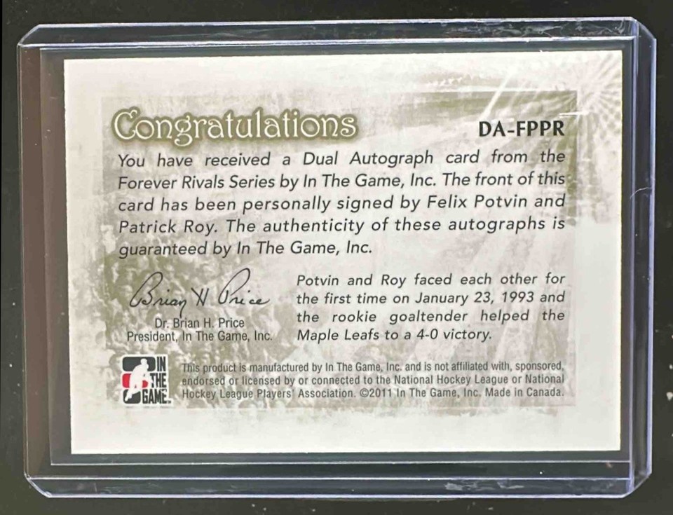 2011-12 In The Game Forever Rivals Dual Auto Felix Potvin / Patrick Roy ...