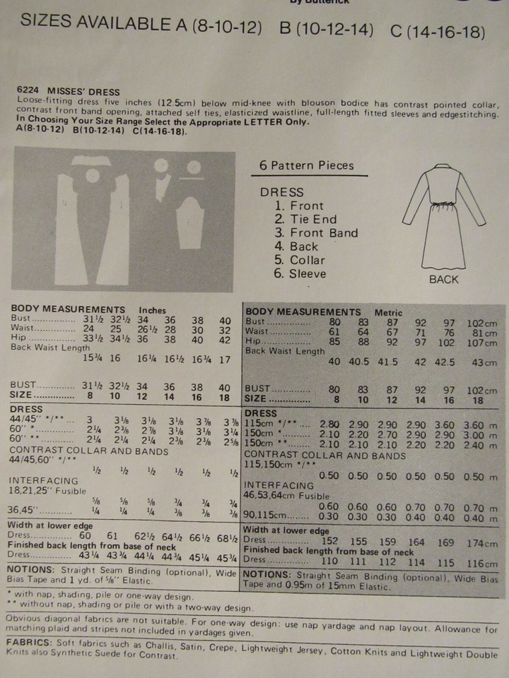 VTG 80s BUTTERICK 6224 Misses Loose-fitting Dress PATTERN 8-10-12/10-12 ...