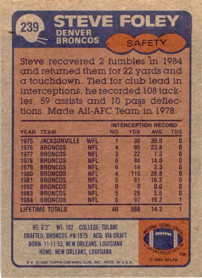 1985 TOPPS! STEVE FOLEY* DENVER BRONCOS #239 | eBay