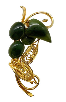 Jade Flower Pin with Gold Curved Feather Leaf Mid Century Modern ...