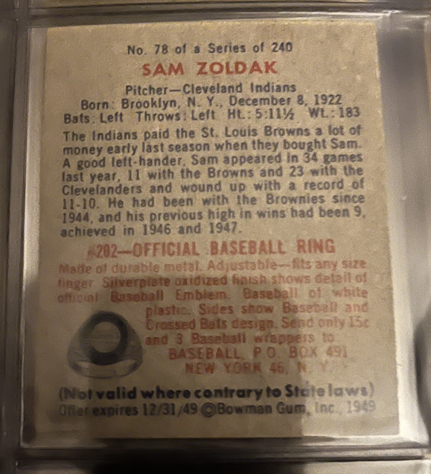 1949 Bowman Sam Zoldak #78 NOF “EX+” Cleveland Indians CENTERED BEAUTY ...