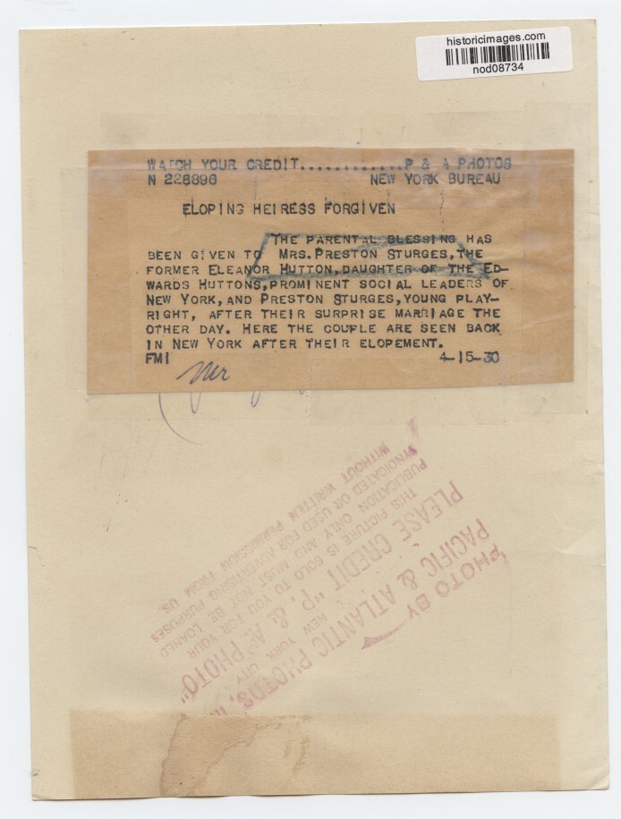 Preston Sturges~Eleanor Hutton~Elopement~1930~Vintage Ultra Rare Photo ...