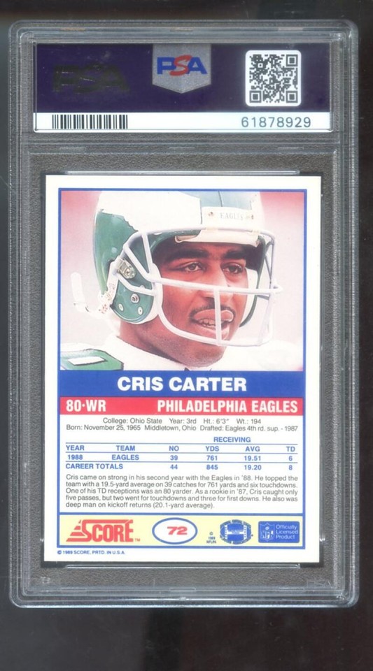 1989 Score #72 Cris Carter ROOKIE RC GEM PSA 10 Graded Football Card ...