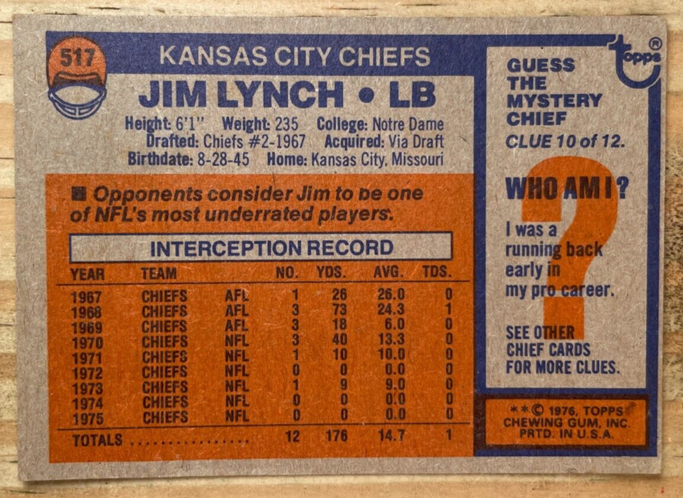 1976 TOPPS JIM LYNCH CARD#517 NOTRE DAME FIGHTING IRISH KANSAS CITY ...