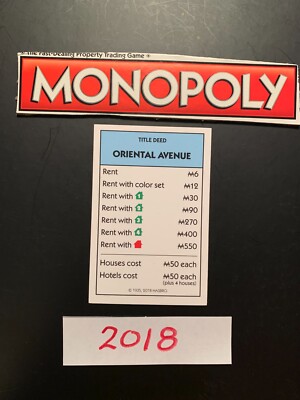 Monopoly 2018 ORIENTAL AVENUE Title Deed Card Replacement Game Card HASBRO | eBay