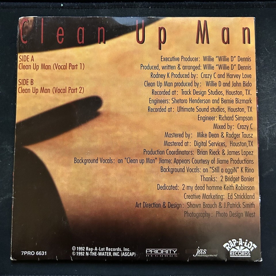WILLIE D: Clean Up Man (Vocal Pts. 1 & 2) 7” 45 Record Rare RAP-A-LOT ...