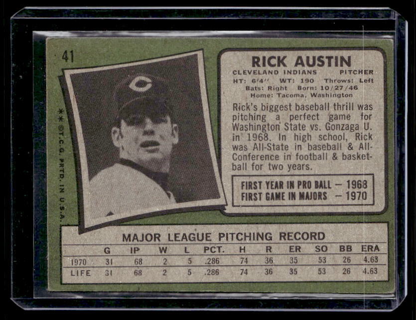 1971 Topps #41 Rick Austin Cleveland Indians Rookie VG-EX Baseball Card ...