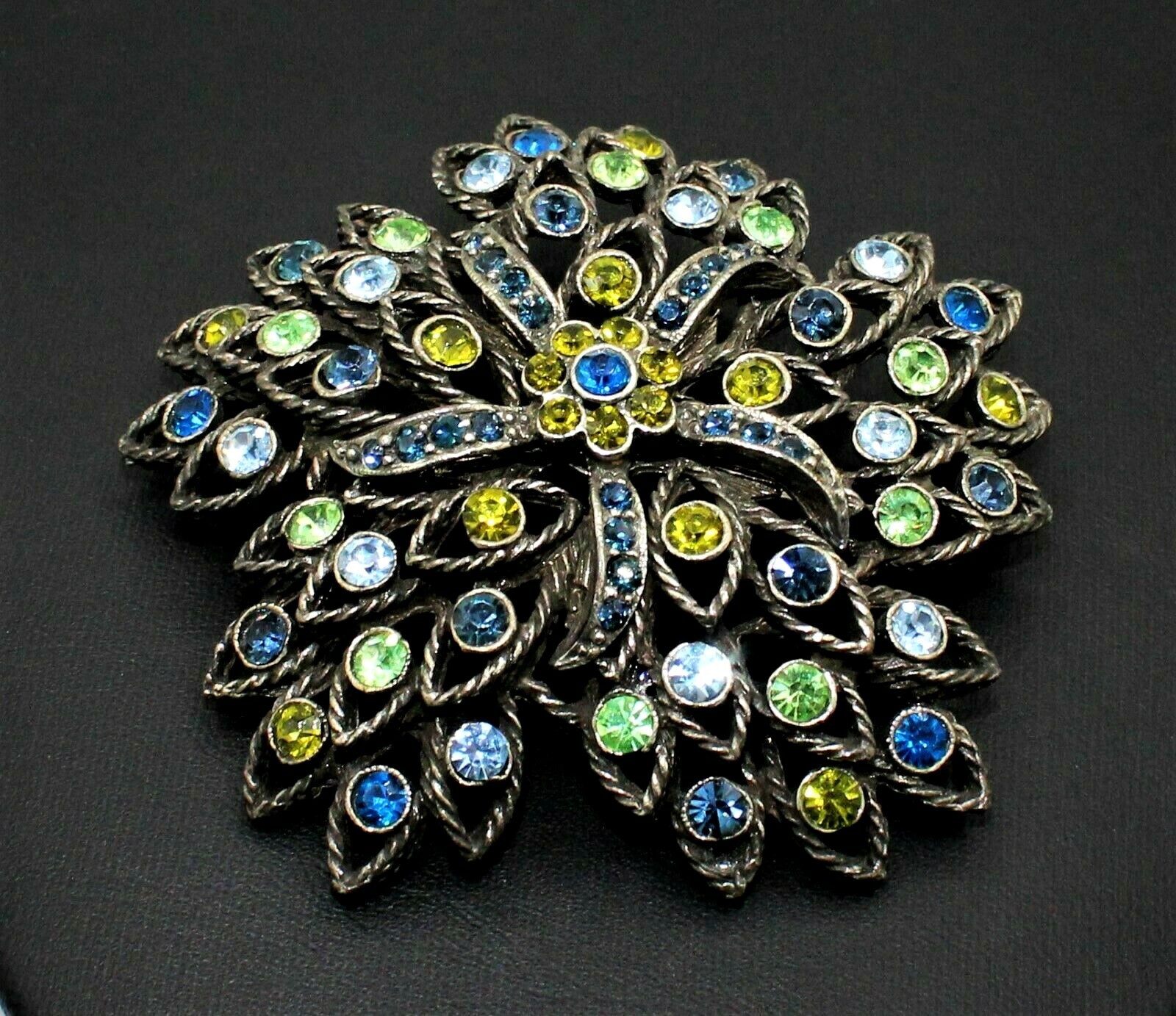 4221~Vintage Signed SELINI Antiqued Goldtone Green Blue Rhinestone ...