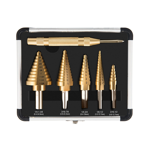 HSS 5PCS Titanium Step Drill Bit Set with Automatic Center Punch for ...