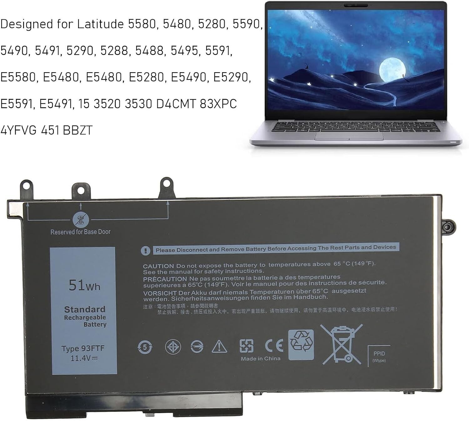 Battery 93FTF D4CMT for Dell Latitude 5280 5480 5580 5590 5490 5288 ...