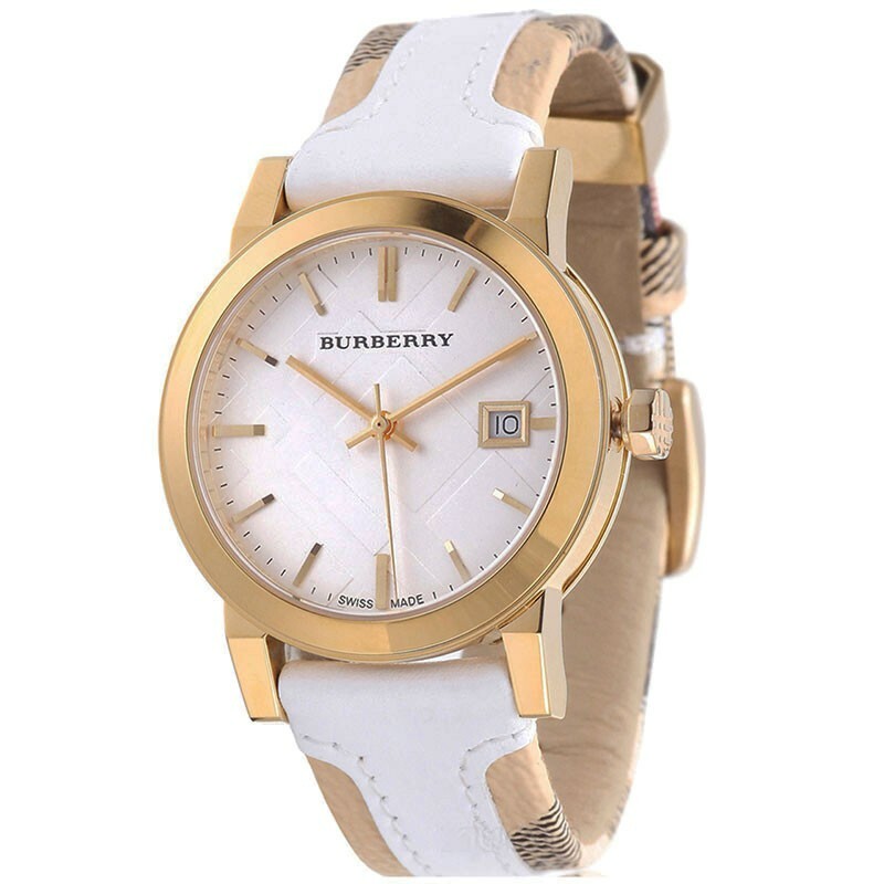 NEW BURBERRY WOMEN BU9110 GOLD CHECK LEATHER FABRIC WATCH- 2Y WARRANTY ...