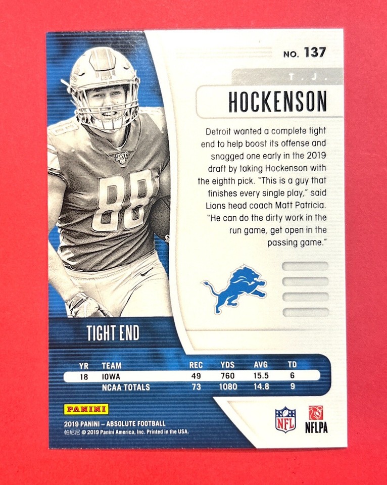 T.J. Hockenson ~ 2019 Panini Absolute ~ Rookie RC #137 Blue Foil | eBay