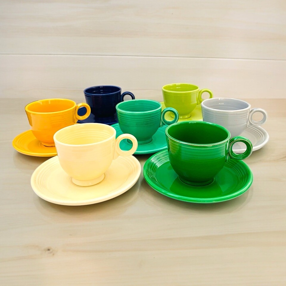 Vintage Genuine Fiesta 7 TEA CUP & SAUCER Sets Multi-Color Greens ...