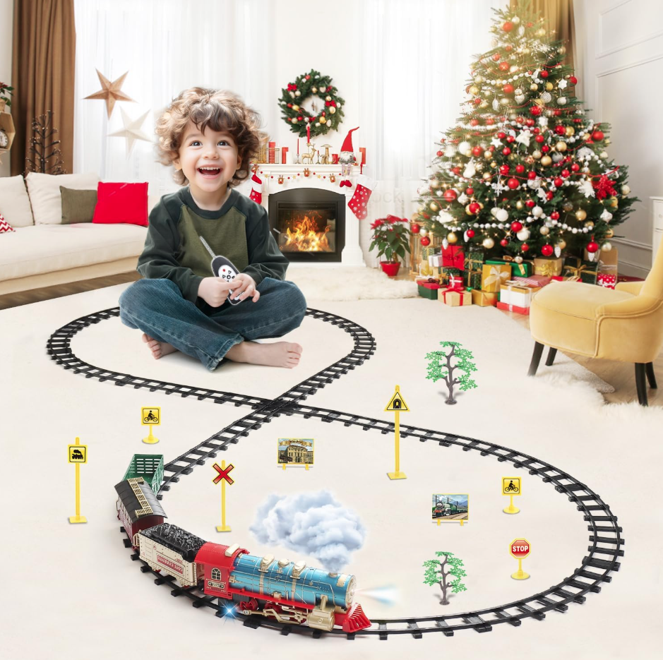 Remote Control Christmas Train Set with Lights Sounds Smoke for Kids ...