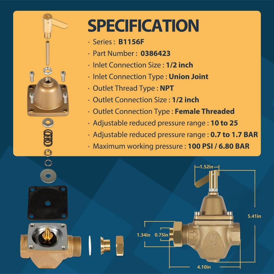 for Watts 1156F, B1156F, S1156F 1/2 inch Feed Water Pressure Regulator ...