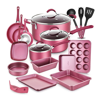 Nonstick Cooking Kitchen Cookware Pots and Pans, 20 Piece Set, Pink ...