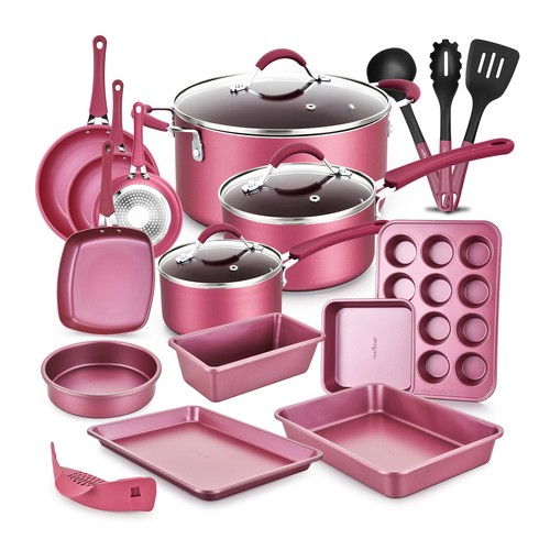 Nonstick Cooking Kitchen Cookware Pots and Pans, 20 Piece Set, Pink ...