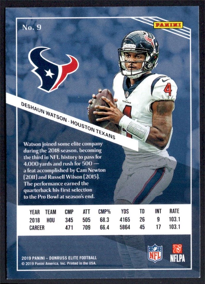 Deshaun Watson 2019 Donruss Elite Green Parallel Card Auto #9 Cleveland ...