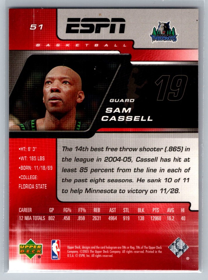 2005 Upper Deck ESPN Basketball #51 Sam Cassell Minnesota Timberwolves ...